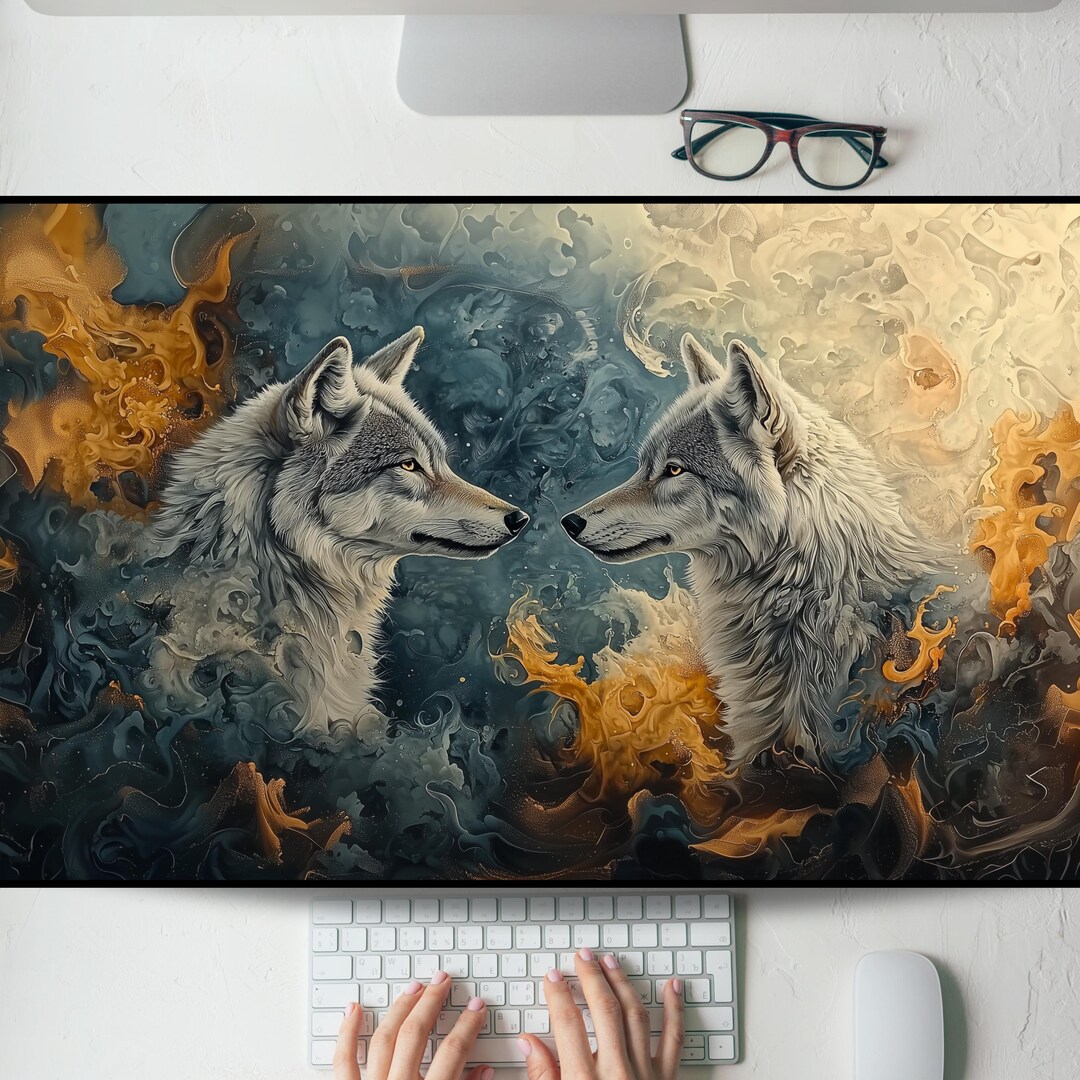 Two Wolves Framed by Fire and Smoke Desk Mat, Gaming Mouse Pad, Large ...