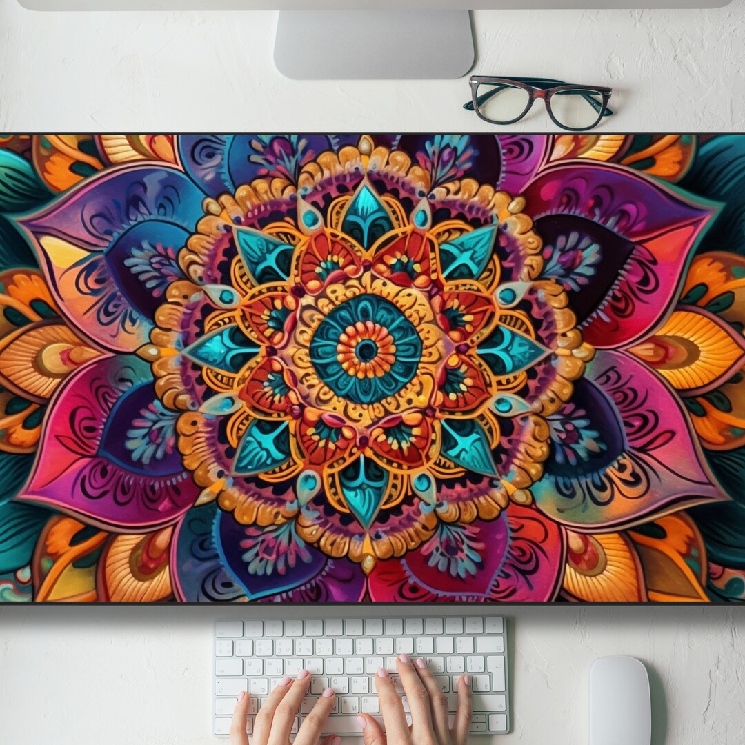 Beautiful Vibrant Mandala Floral Design Desk Mat Gaming Mouse Pad Large ...
