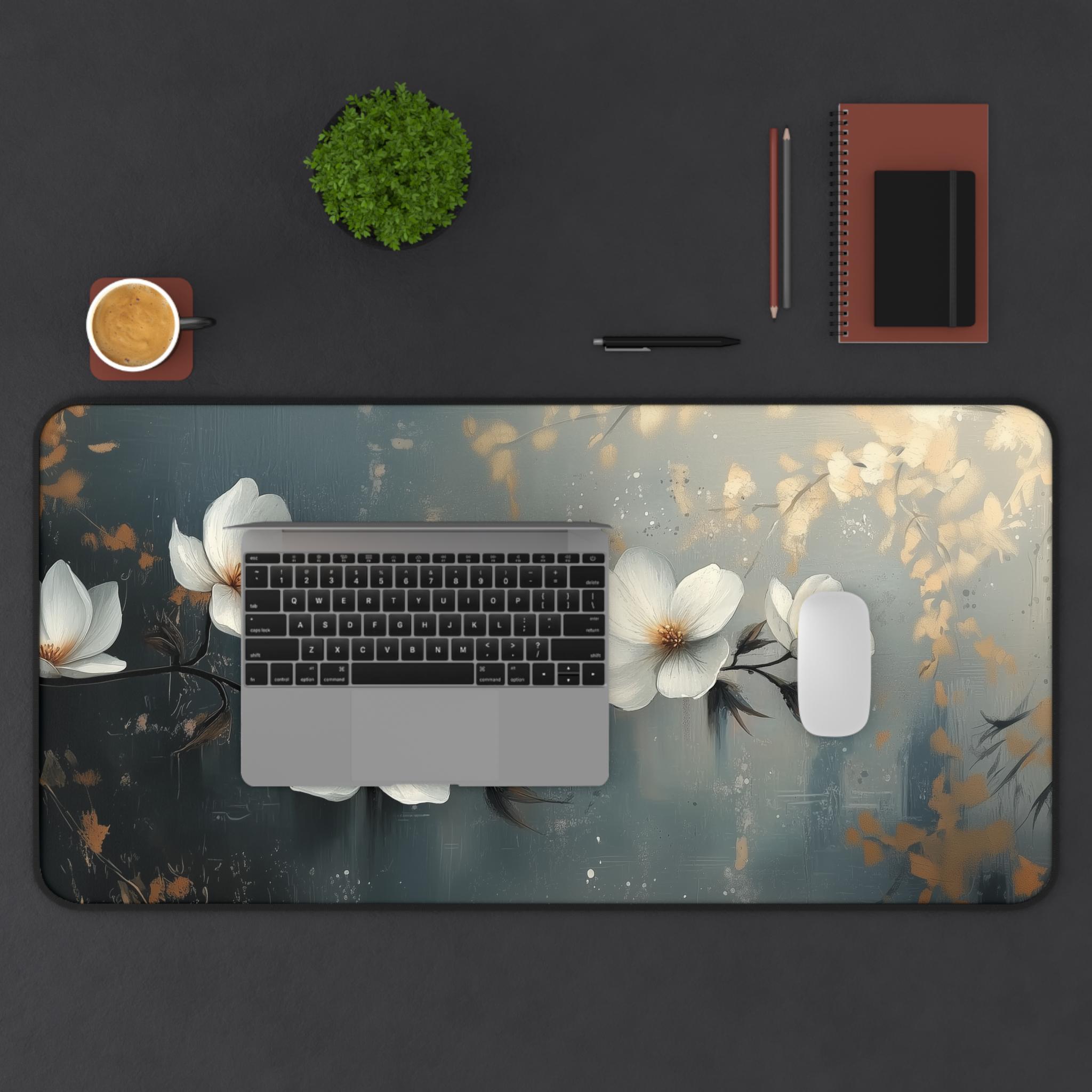 Cream Petals on Gold Mist Desk Mat, Gaming Mouse Pad, Large Mousepad ...
