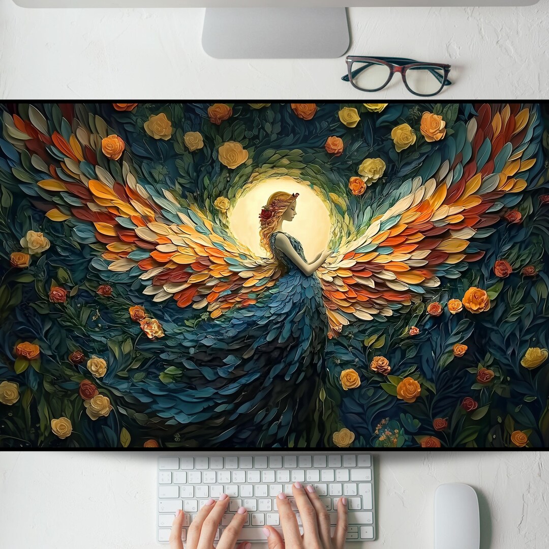 Radiant Winged Woman in Floral Halo Desk Mat, Gaming Mouse Pad, Large ...
