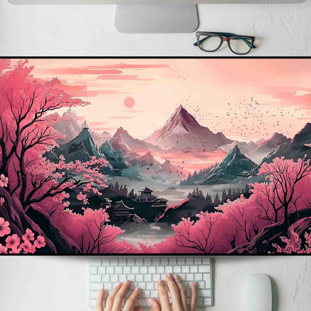 Pink Blossom Mountain Sunrise Desk Mat, Gaming Mouse Pad, Large ...