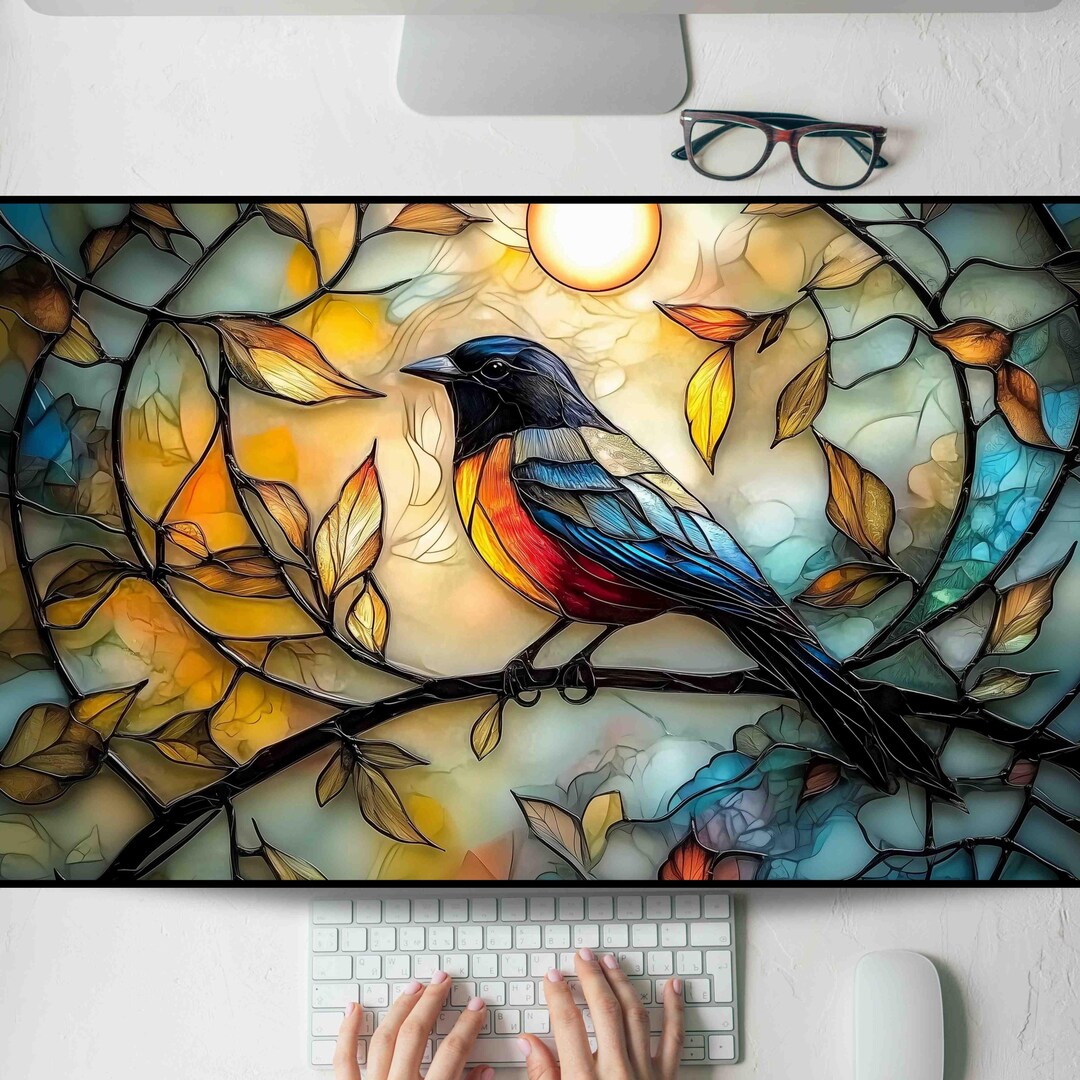 Bright Bird in Golden Glass Light Desk Mat, Gaming Mouse Pad, Large ...