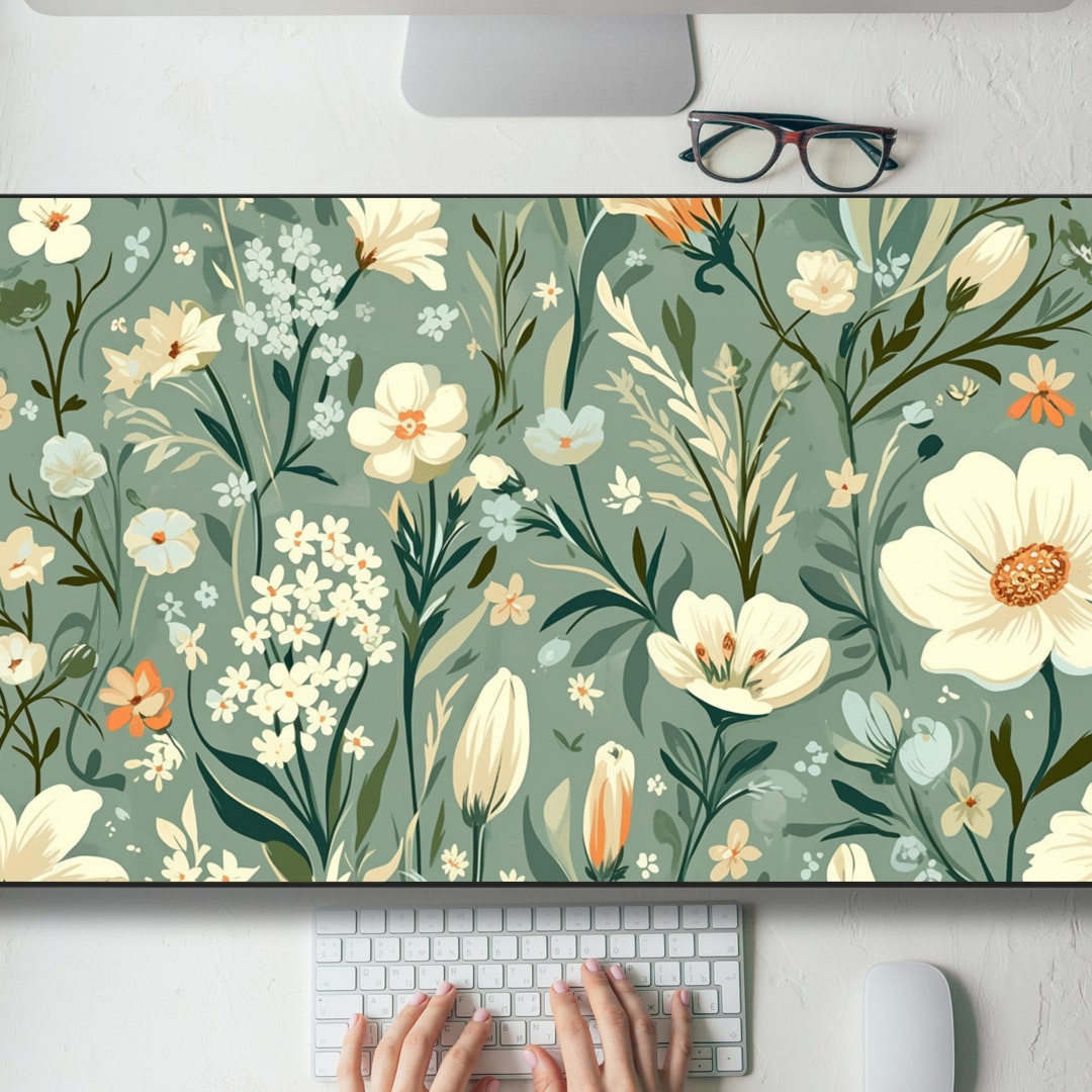 Pretty Green Floral Pattern Desk Mat Gaming Mouse Pad Large Mousepad ...