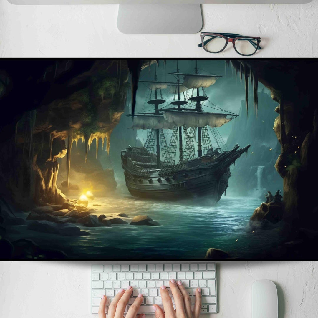 Ghost Ship in Sapphire Fog Desk Mat, Gaming Mouse Pad, Large Mousepad ...