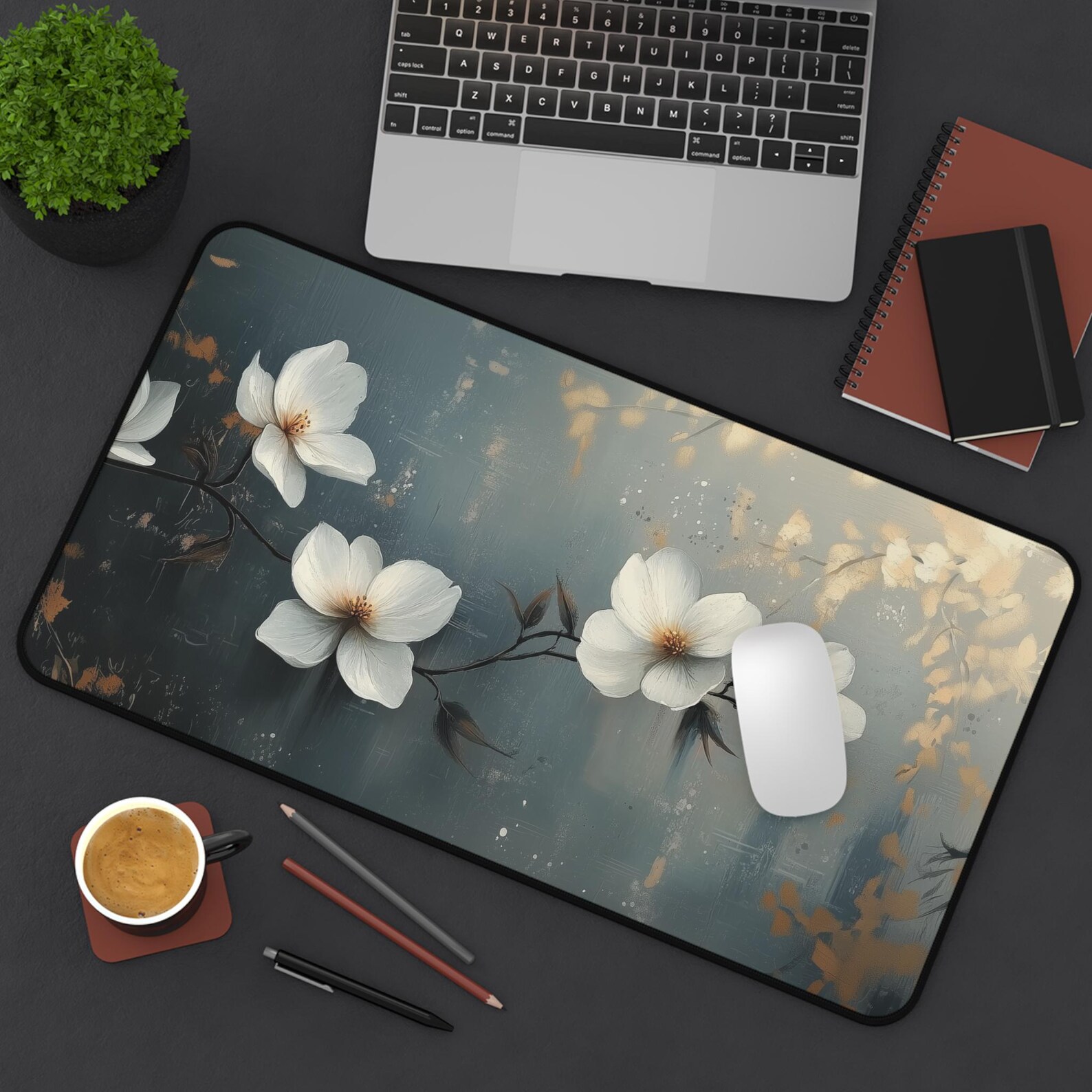 Cream Petals on Gold Mist Desk Mat, Gaming Mouse Pad, Large Mousepad ...