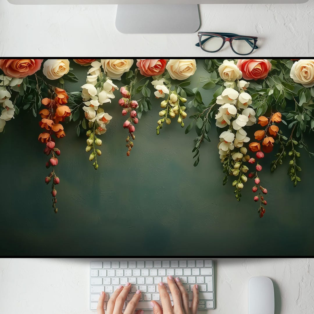 Hanging Roses Grace A Deep Green Wall Desk Mat, Gaming Mouse Pad, Large ...