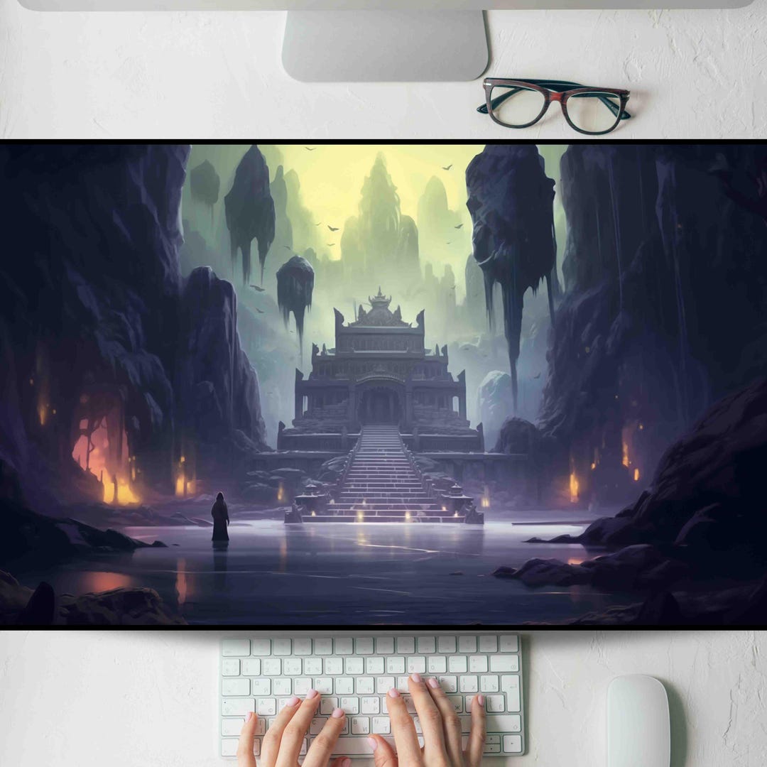 Temple Courtyard in Blue Mist Desk Mat, Gaming Mouse Pad, Large ...