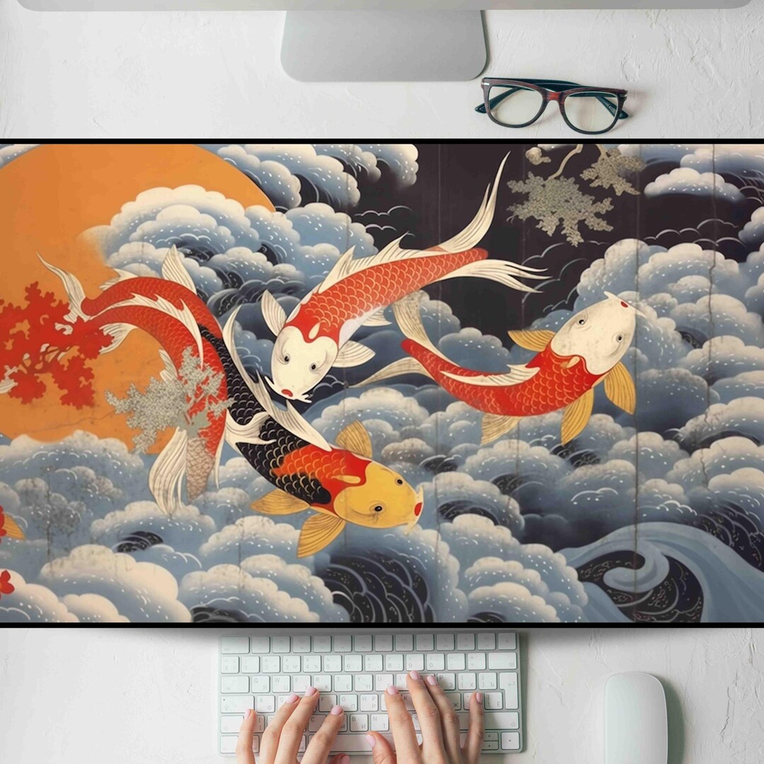 Koi Dance in Misty Currents Desk Mat, Gaming Mouse Pad, Large Mousepad ...
