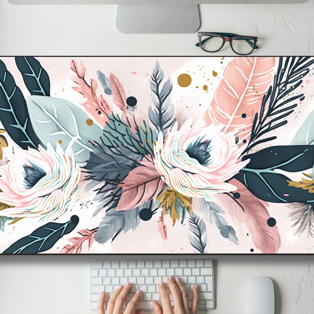 Boho Botanical Feathers Flower Desk Mat Gaming Mouse Pad Large Mousepad ...
