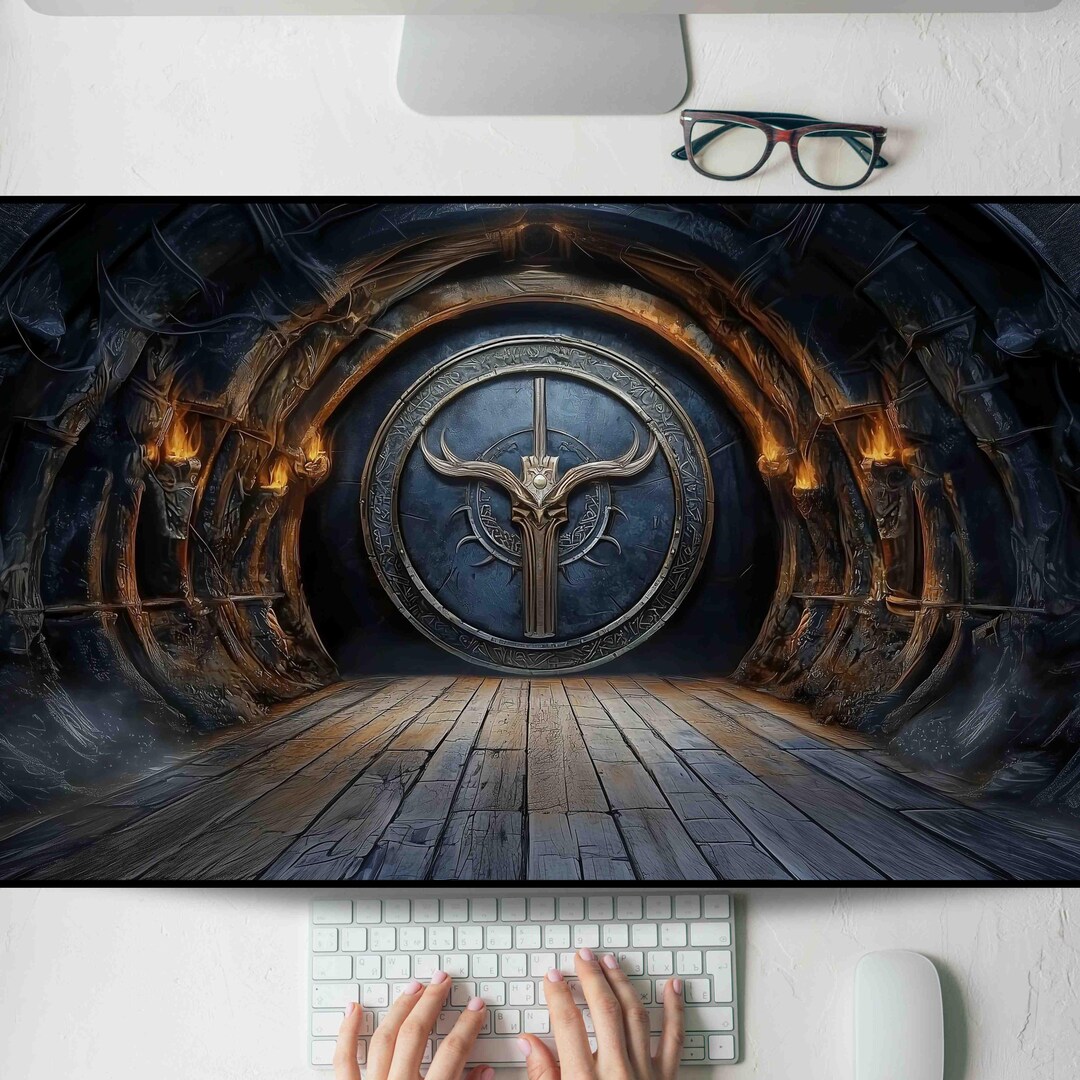 Dark Tunnel With Ornate Circular Door Desk Mat, Gaming Mouse Pad, Large ...
