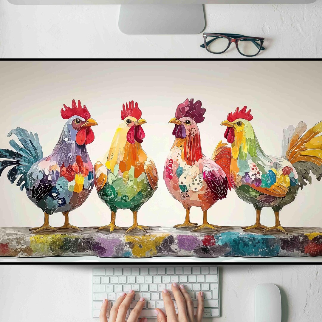 Colorful Roosters in Row Desk Mat, Gaming Mouse Pad, Large Mousepad ...