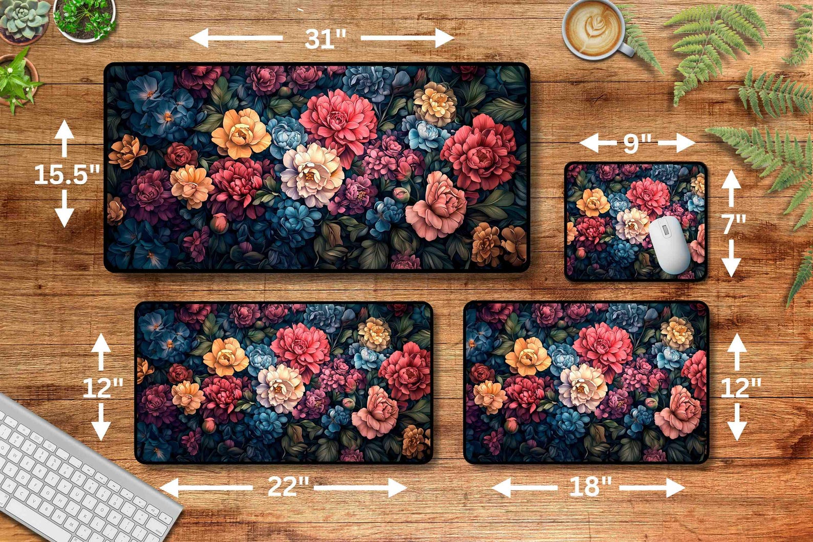 Autumn Peonies in Jewel Tones Desk Mat, Gaming Mouse Pad, Large ...