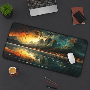 Dark Unique Abstract Mountain Lake Landscape Desk Mat Gaming Mouse Pad ...