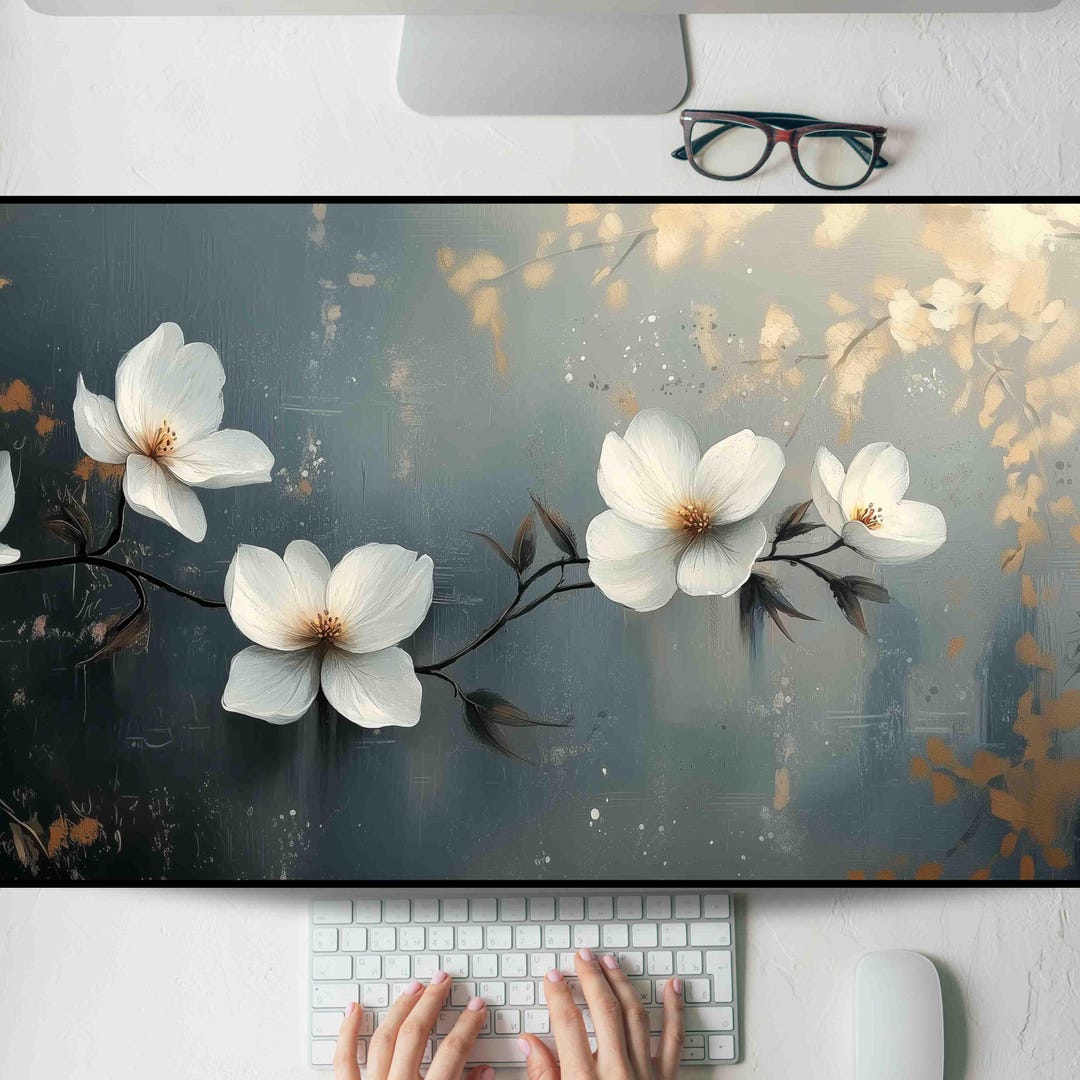 Cream Petals on Gold Mist Desk Mat, Gaming Mouse Pad, Large Mousepad ...