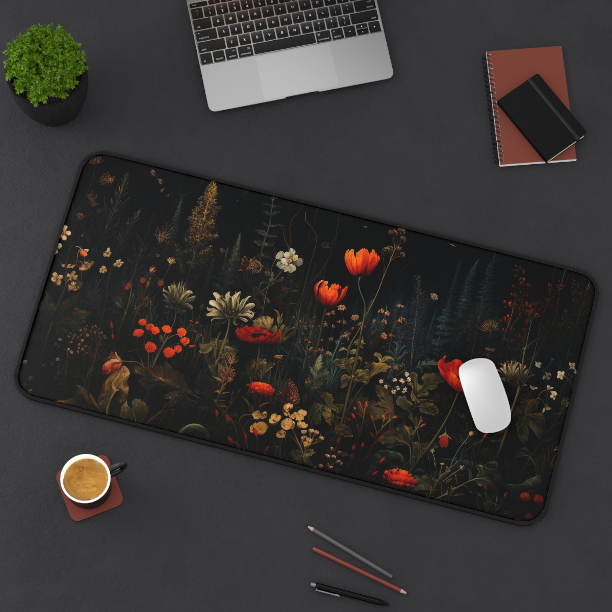Dark Cottage Core Wildflowers Desk Mat Gaming Mouse Pad Large Mousepad ...