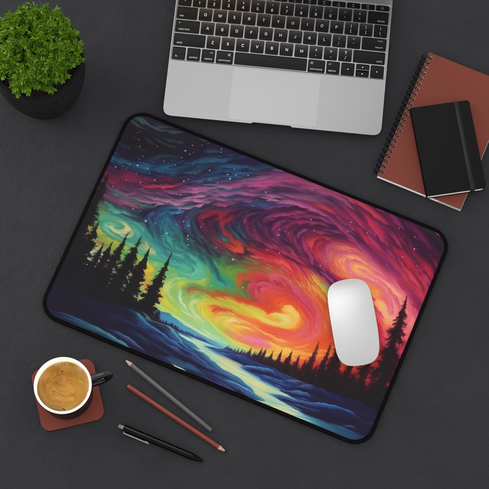 Cosmic Aurora Over Pine Peaks Desk Mat, Gaming Mouse Pad, Large ...