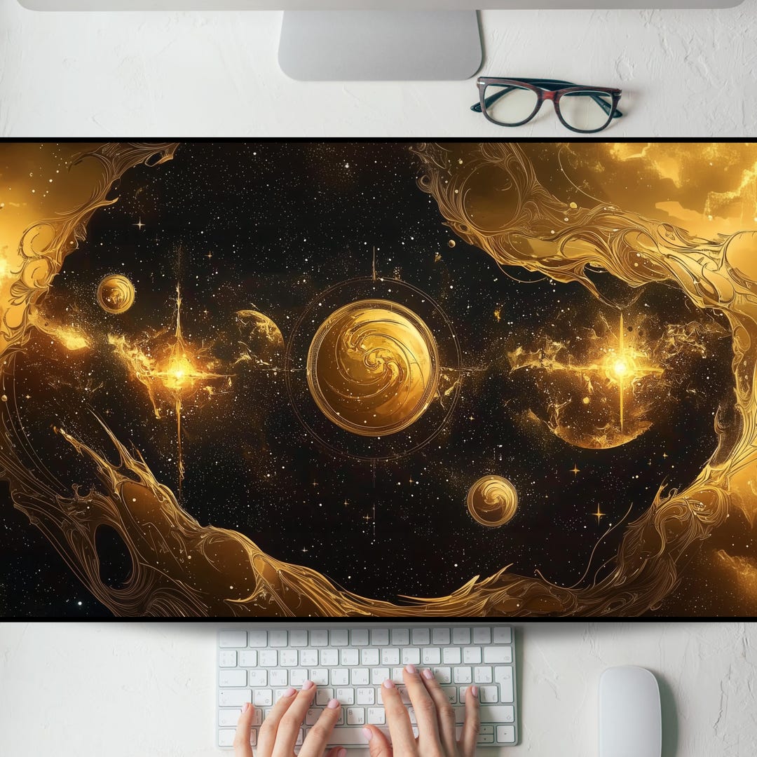 Golden Cosmic Swirl in Deep Space Desk Mat, Gaming Mouse Pad, Large ...