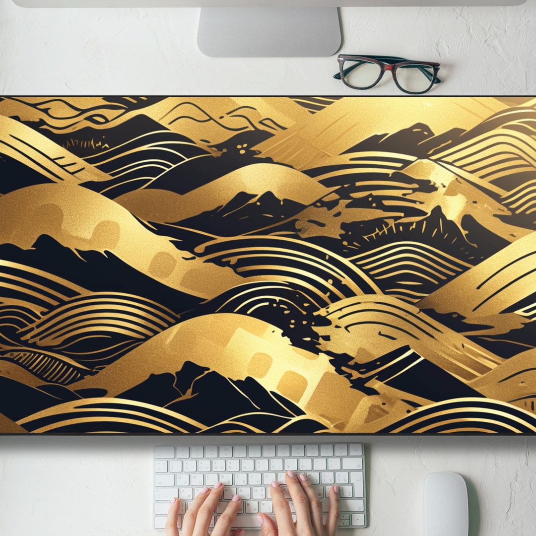 Gold and Black Abstract Waves Desk Mat Gaming Mouse Pad Large Mousepad ...