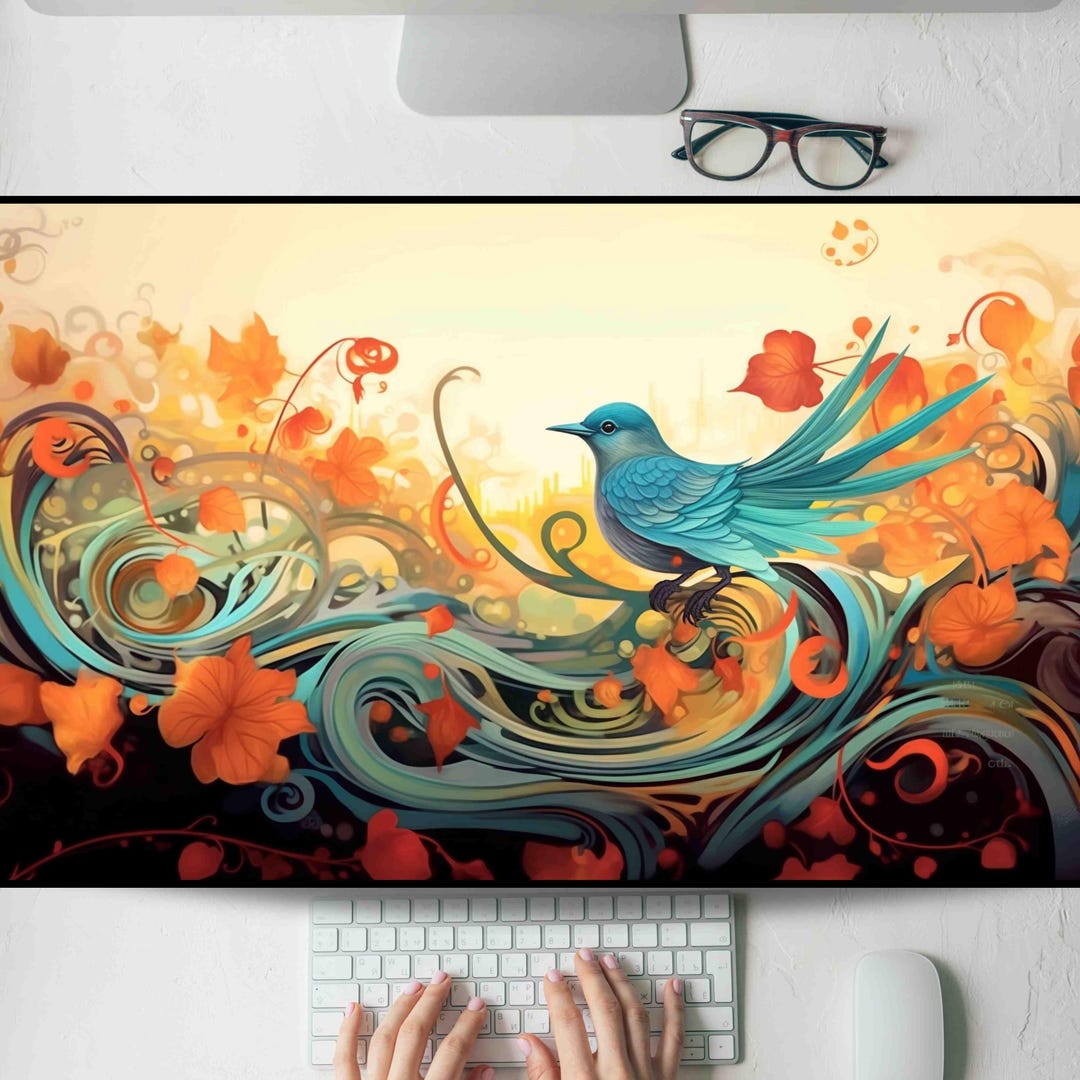 Autumn Currents With Bluebirds Desk Mat, Gaming Mouse Pad, Large ...