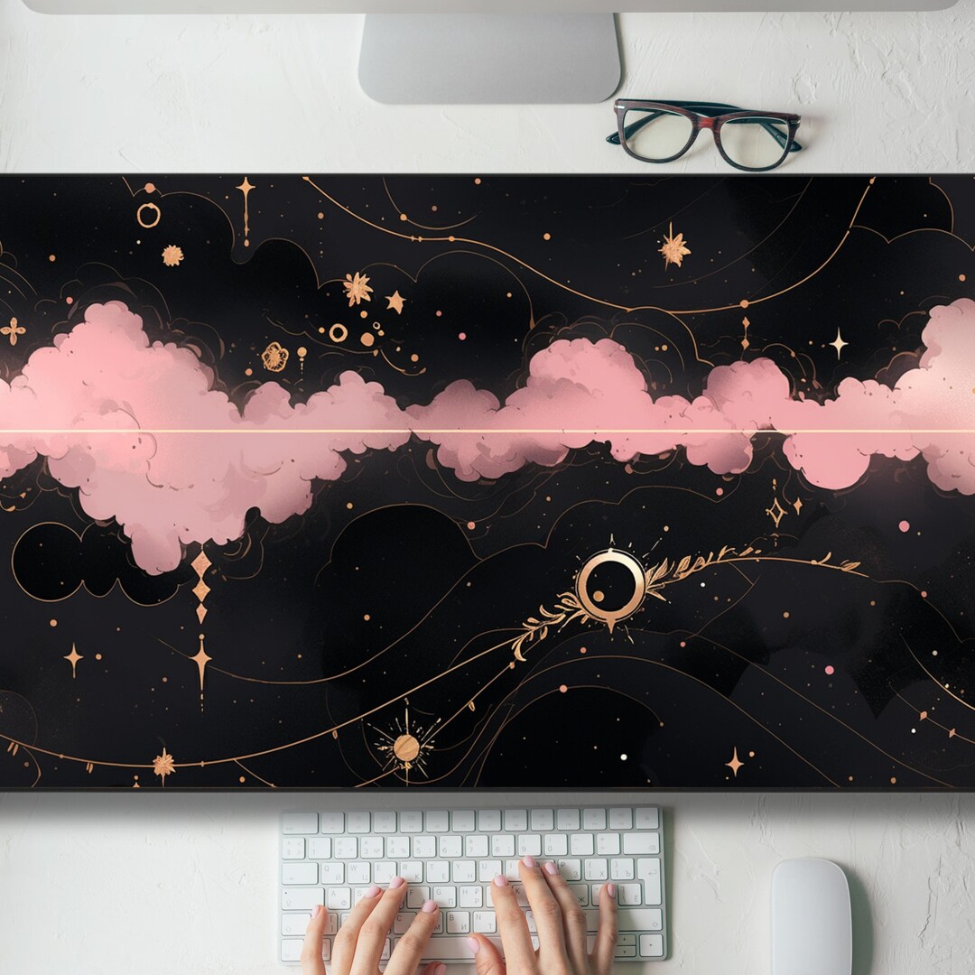 Pink, Gold, and Black Kawaii Cloud Celestial Desk Mat Gaming Mouse Pad ...