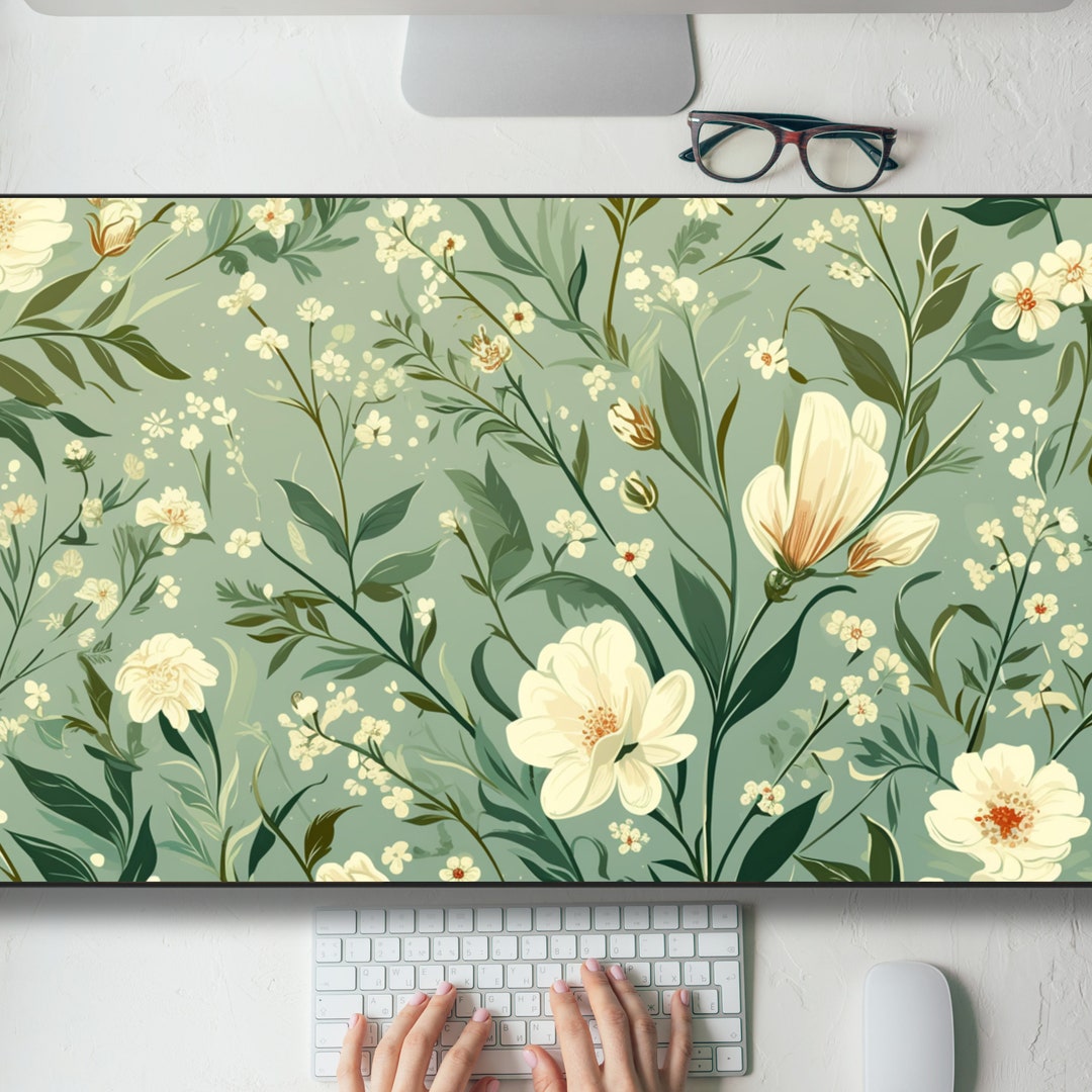 Botanical Sage Green Floral Pattern Desk Mat Gaming Mouse Pad Large ...