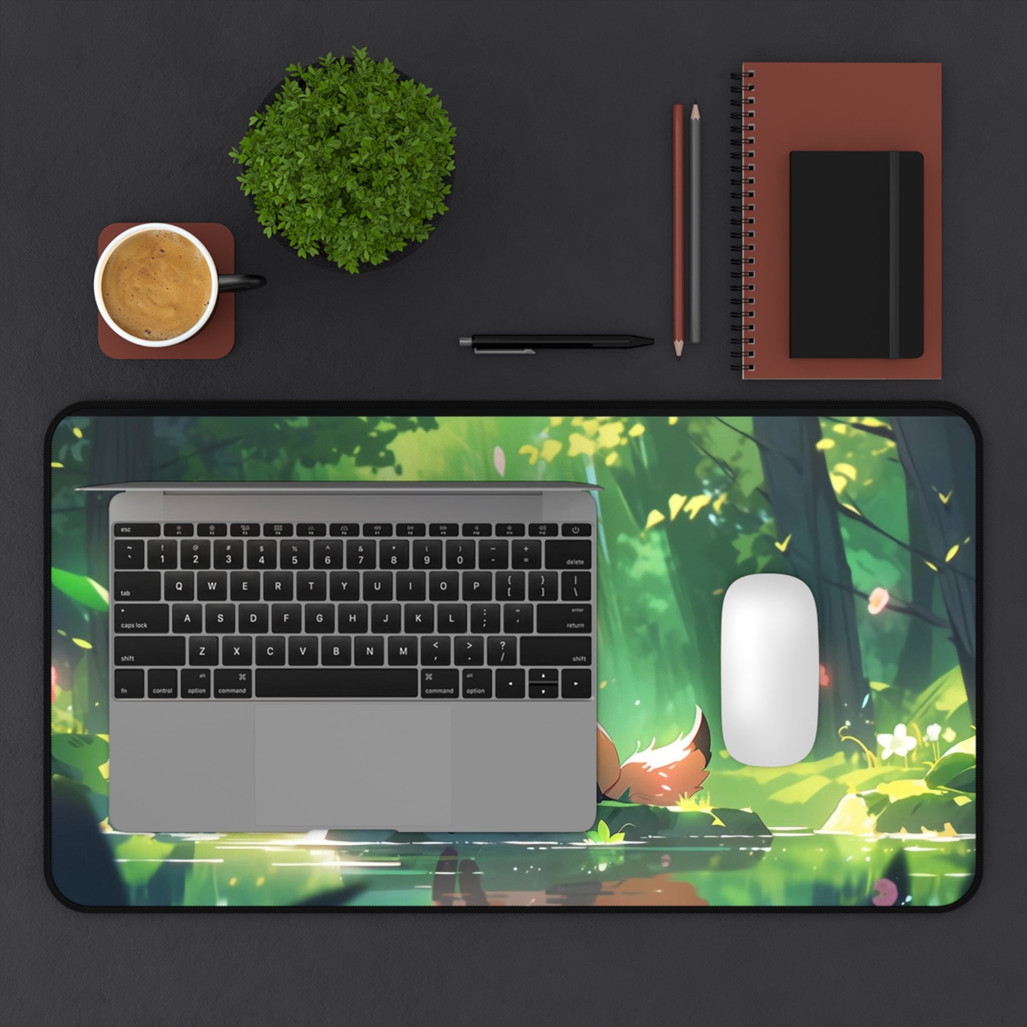 Cute Kawaii Fox Vibrant Green Forest Desk Mat Gaming Mouse Pad Large ...