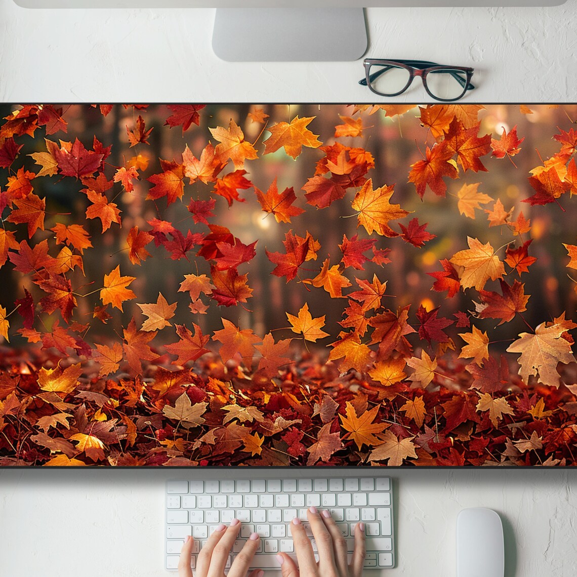 Realistic Fall Leaves Raining From the Trees Desk Mat Gaming Mouse Pad ...