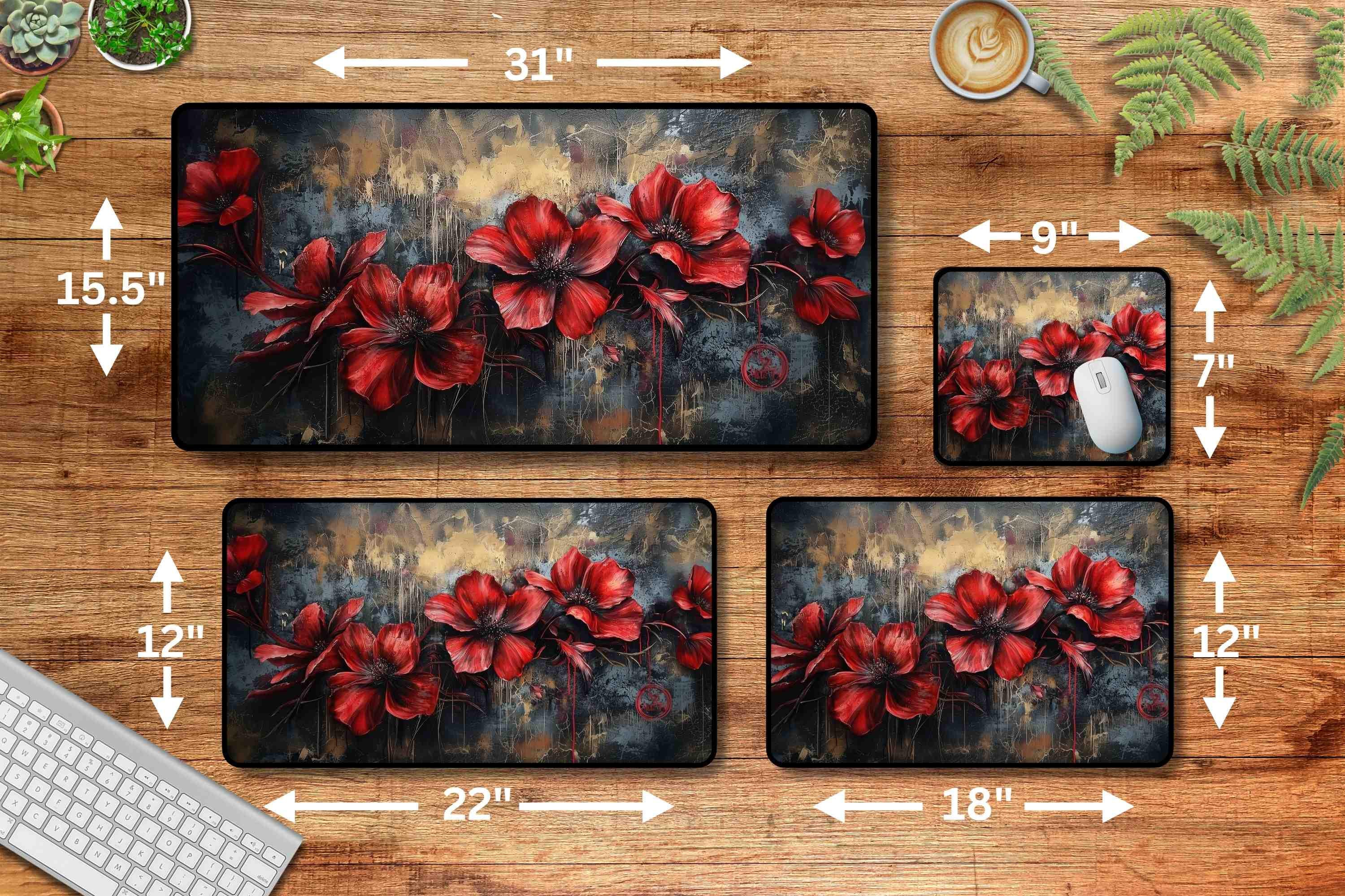 Crimson Blossoms on Velvet Smoke Desk Mat, Gaming Mouse Pad, Large ...
