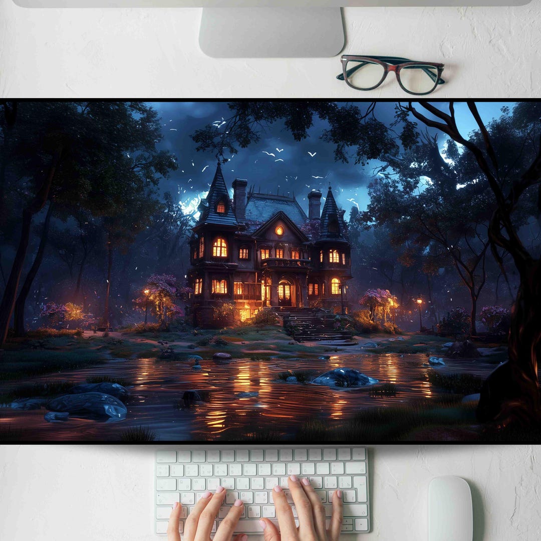 Haunted Mansion in Autumn Rain Desk Mat, Gaming Mouse Pad, Large ...