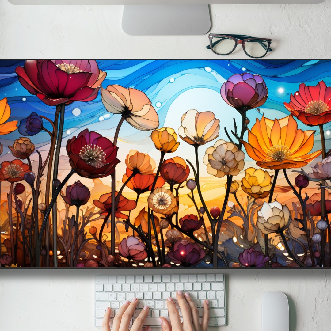 Stained Glass Floral Flowers Desk Mat Gaming Mouse Pad Large Mousepad ...