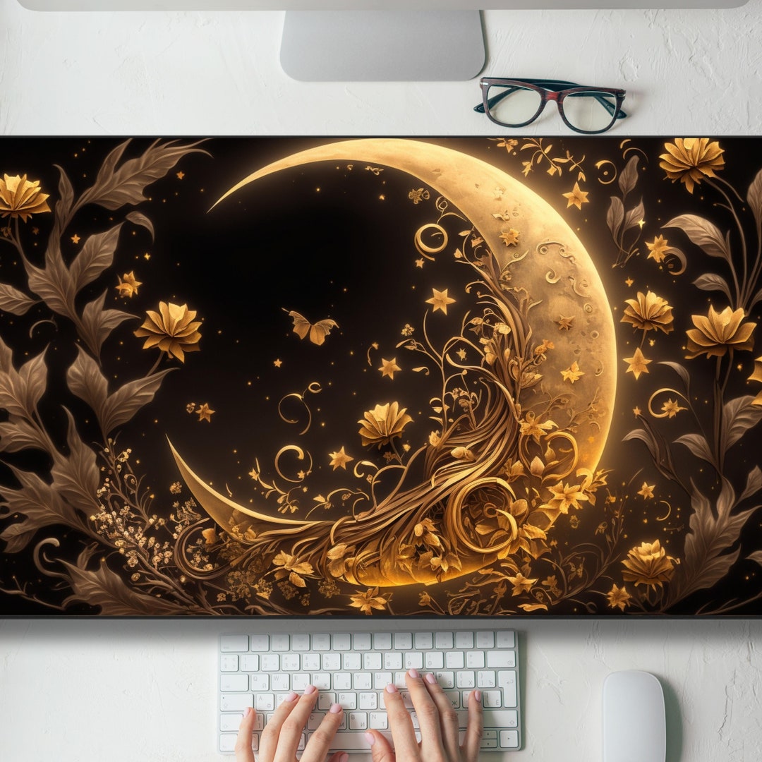 Floral Celestial Crescent Moon Desk Mat Gaming Mouse Pad Large Mousepad ...