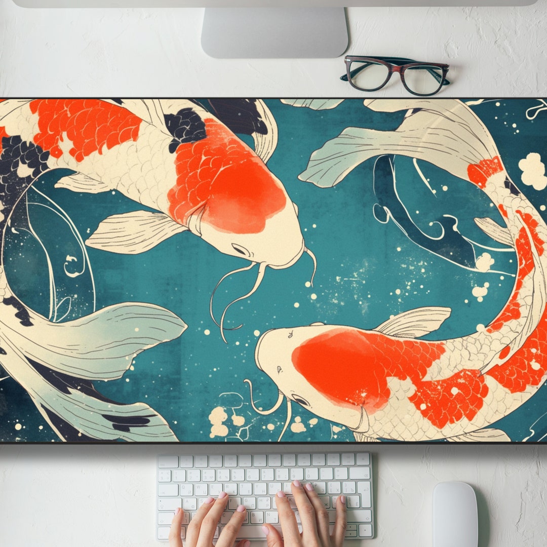 Cool Orange and White Koi Fish Design Desk Mat Gaming Mouse Pad Large ...