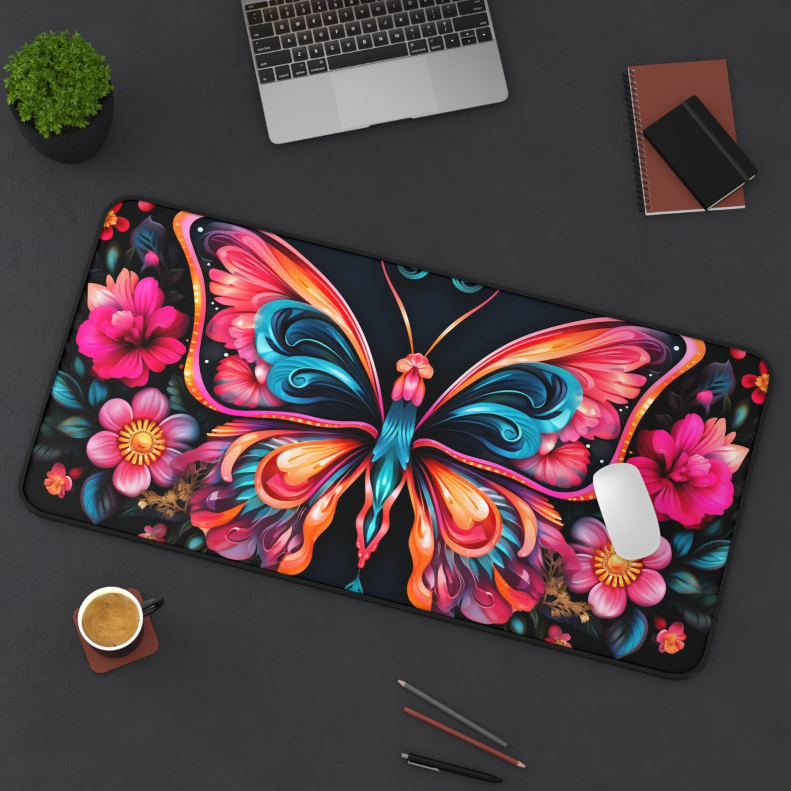 Beautiful Pink Floral Butterfly Desk Mat Gaming Mouse Pad Large ...