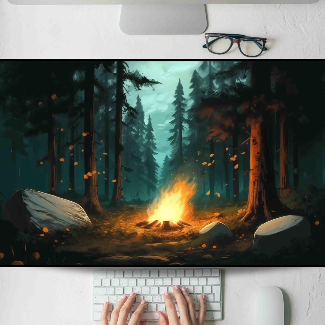 Campfire Smoke in Emerald Woods Desk Mat, Gaming Mouse Pad, Large ...