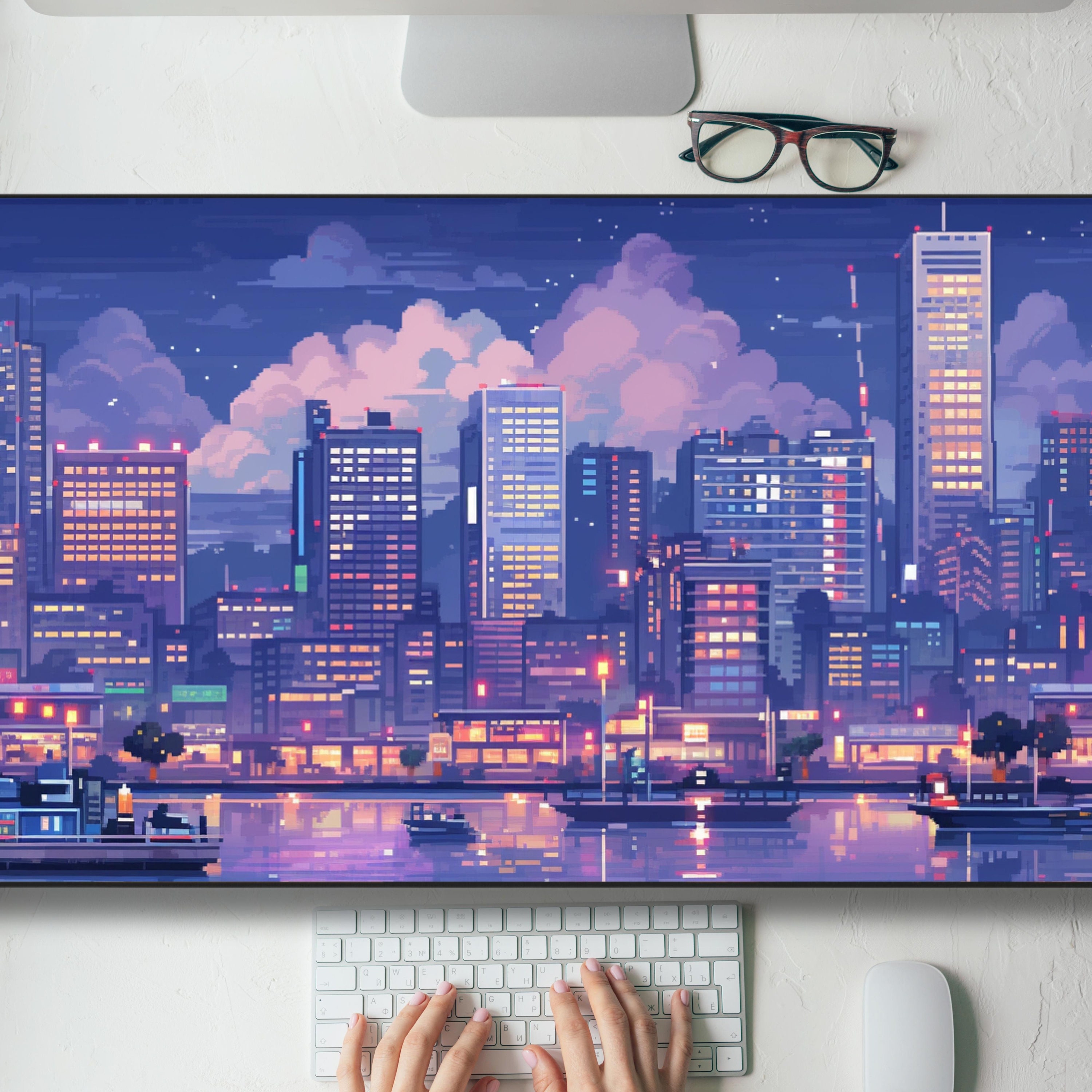 Retro Pixelated Japanese Skyline Desk Mat Gaming Mouse Pad Large ...