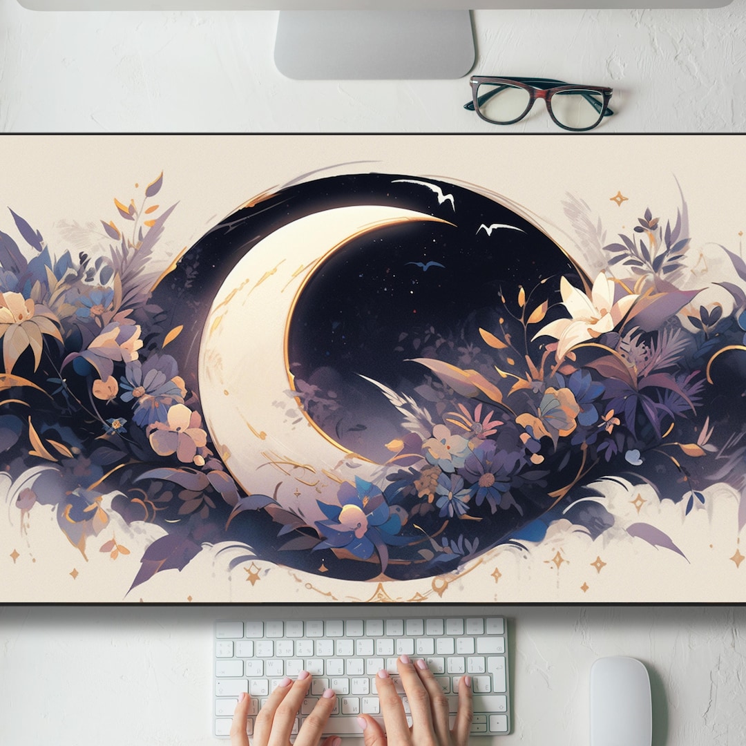 Floral Cresent Moon Celestial Desk Mat Gaming Mouse Pad Large Mousepad ...