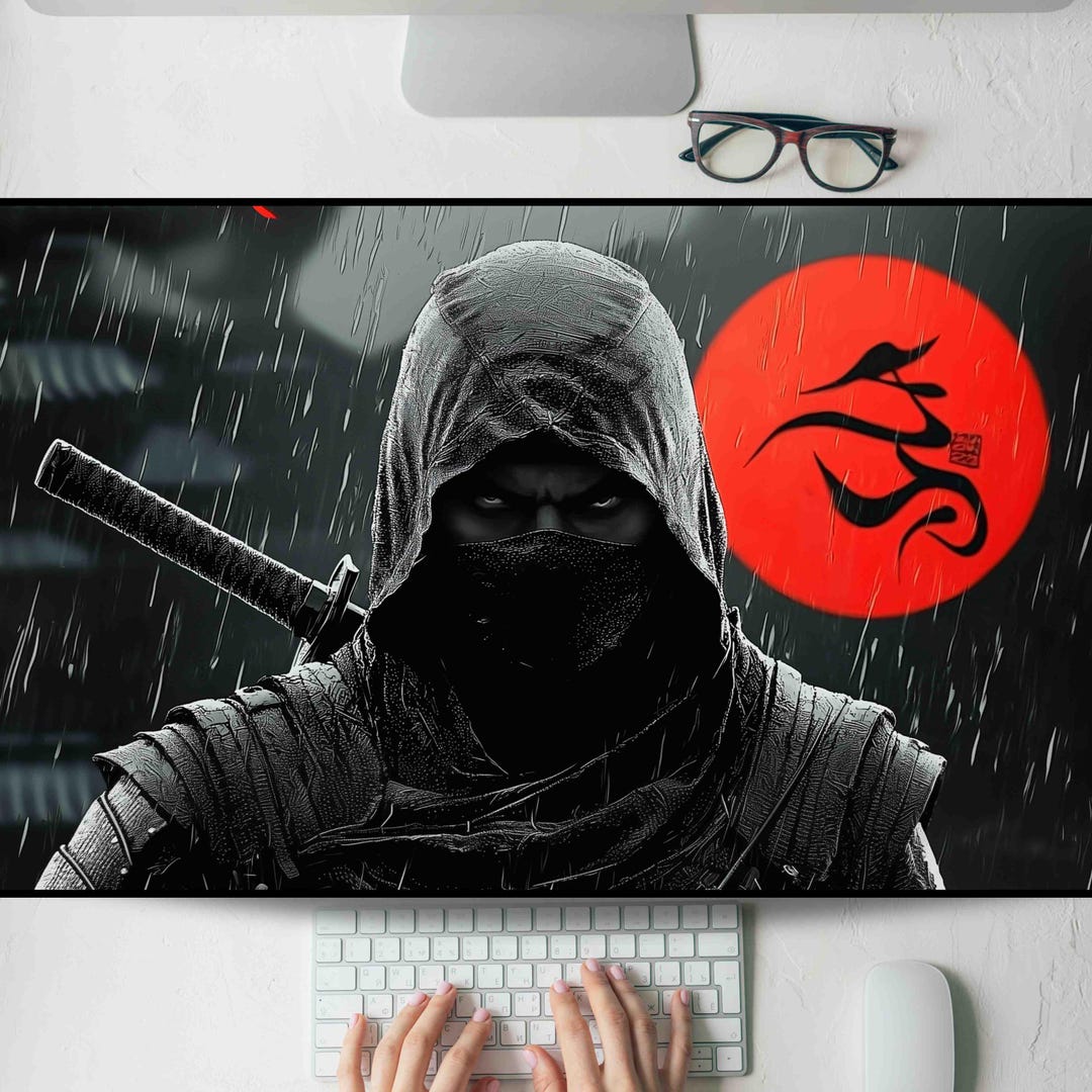 Ninja Under Red Rising Sun Desk Mat, Gaming Mouse Pad, Large Mousepad ...