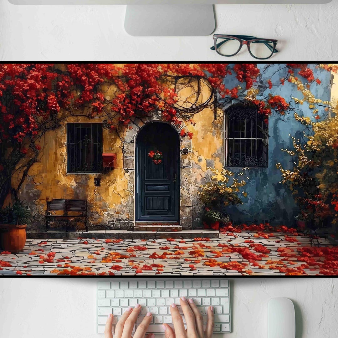 Rustic Door Framed by Red Vines Desk Mat, Gaming Mouse Pad, Large ...