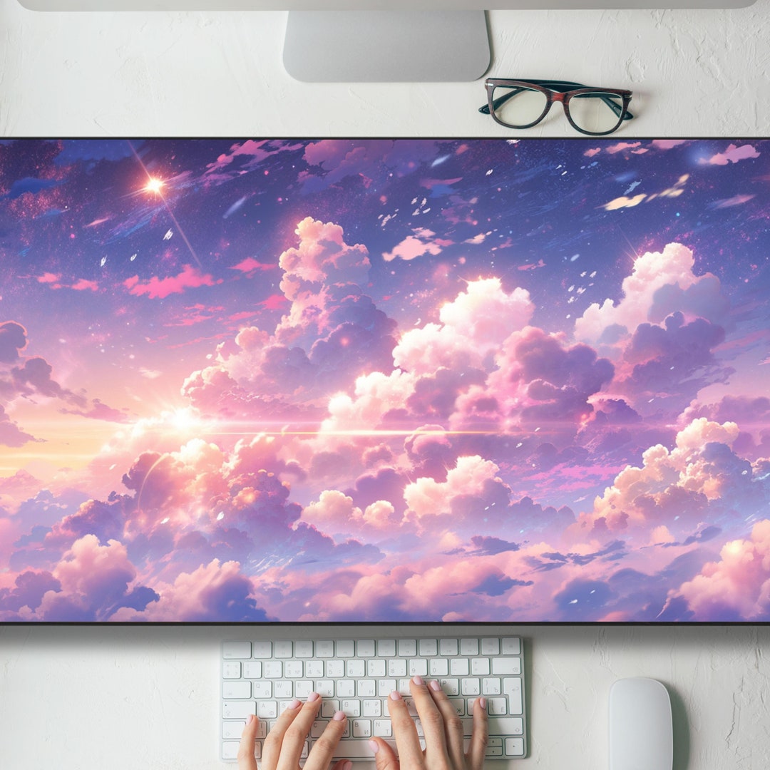 Pretty Pink Kawaii Clouds Desk Mat Gaming Mouse Pad Large Mousepad With ...