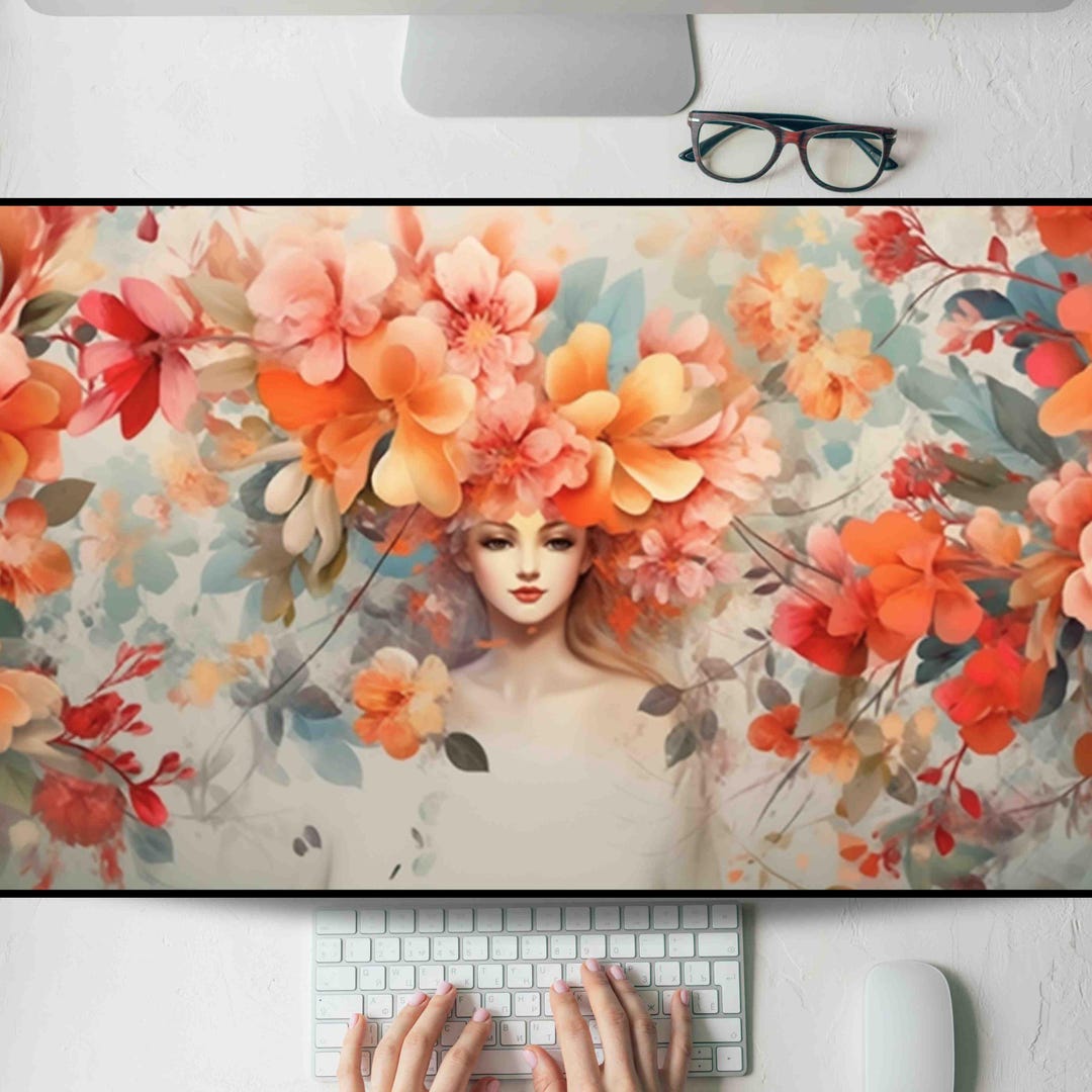 Autumn Face in Scarlet Leaves Desk Mat, Gaming Mouse Pad, Large ...