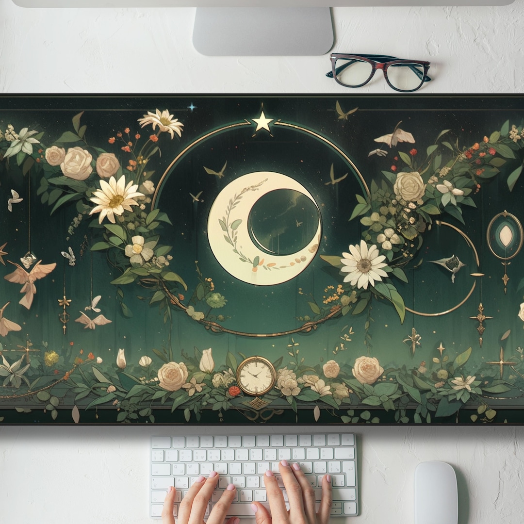 Dark Green Celestial Moon Desk Mat Gaming Mouse Pad Large Mousepad, MTG ...
