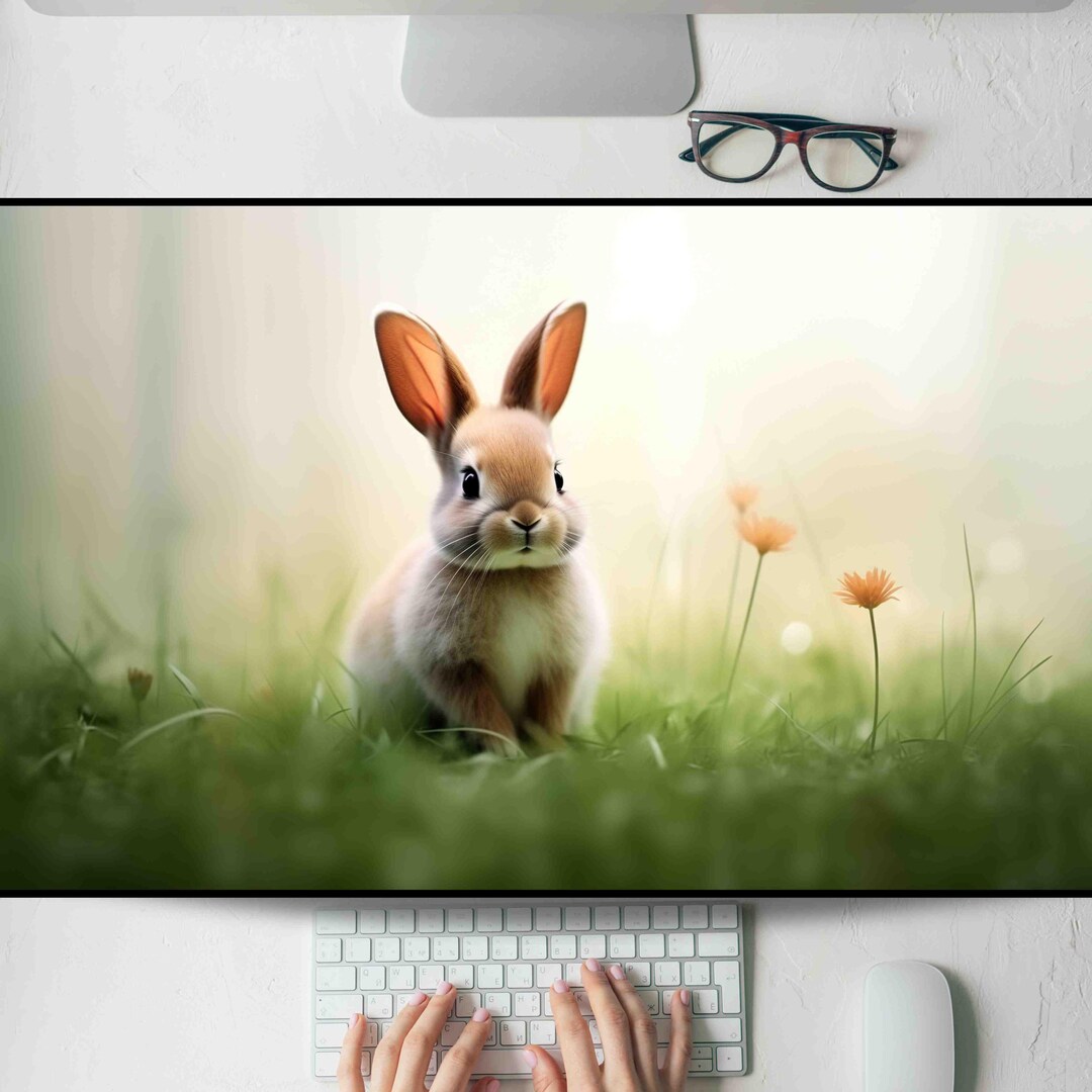 Bunny in Morning Dew Field Desk Mat, Gaming Mouse Pad, Large Mousepad ...