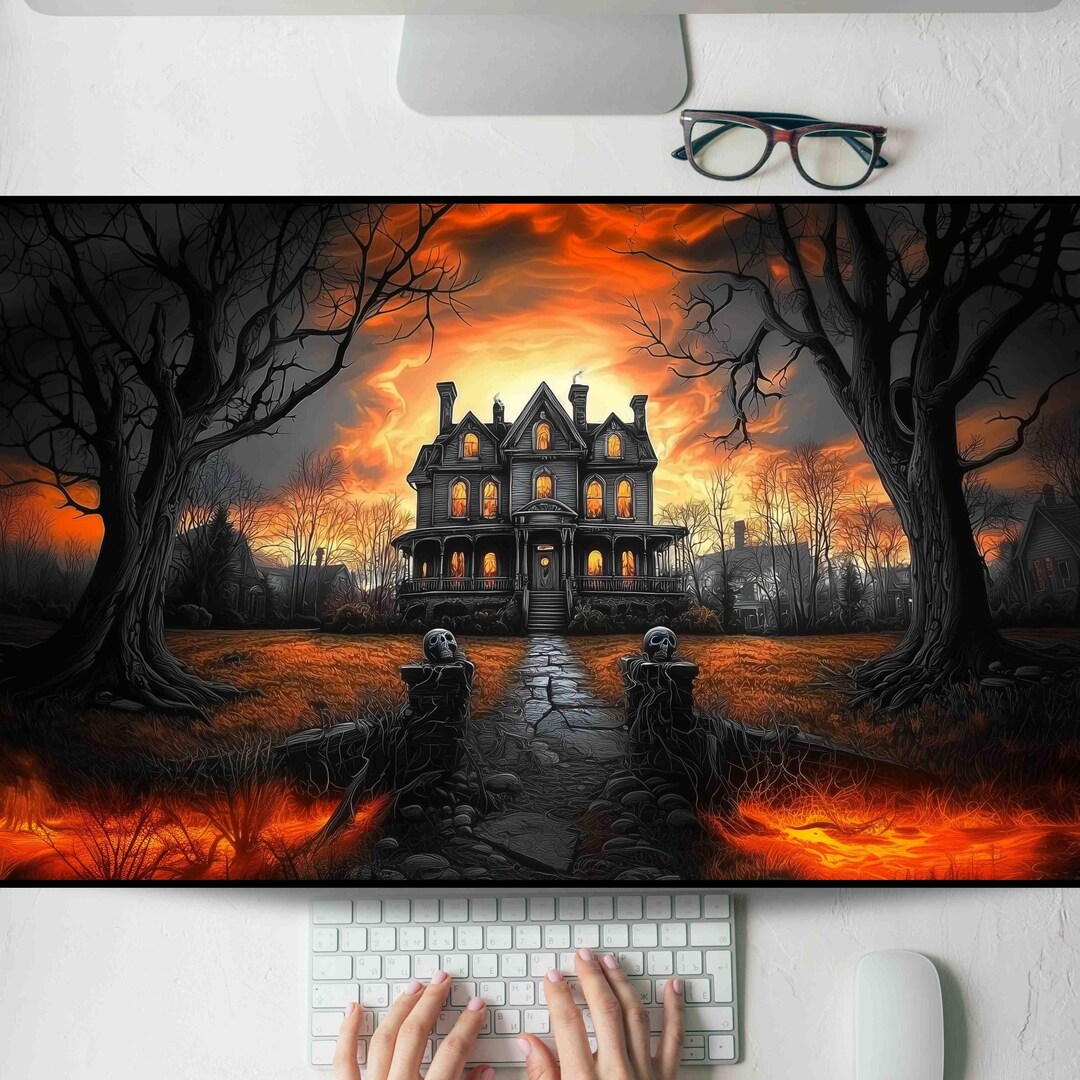 Haunted House in Autumn Fire Desk Mat, Gaming Mouse Pad, Large Mousepad ...