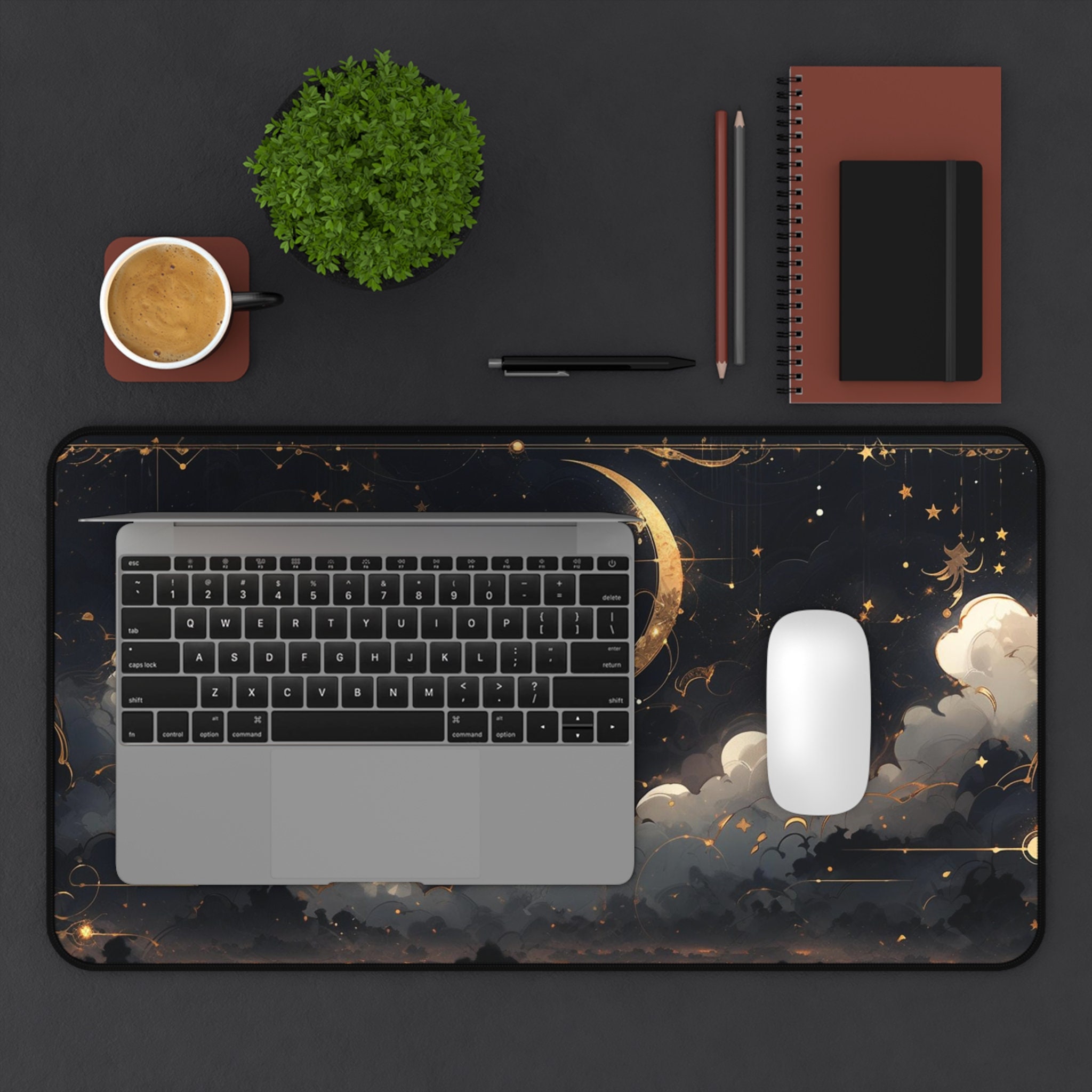 Gold Cresent Moon Celestial Kawaii Smokey Clouds Desk Mat Gaming Mouse ...