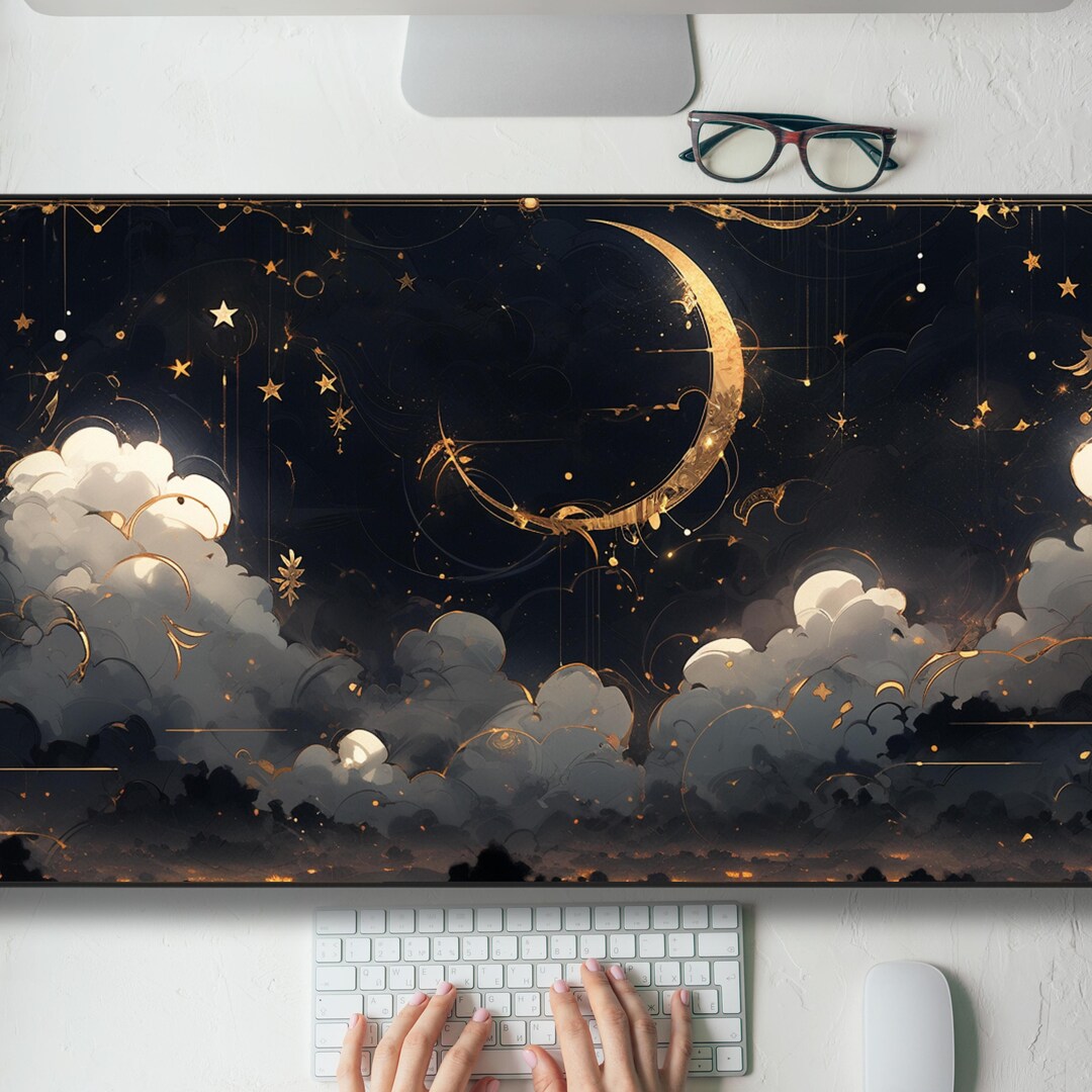 Gold Cresent Moon Celestial Kawaii Smokey Clouds Desk Mat Gaming Mouse ...