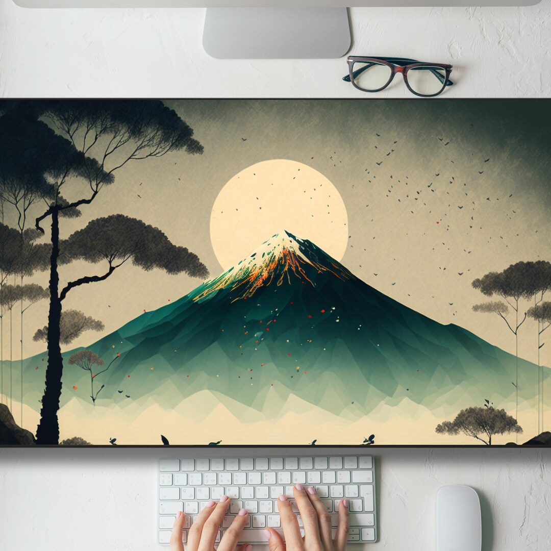 Japanese Volcano Night Sky Moon Mouse Pad - Scenic Desk Decor and ...