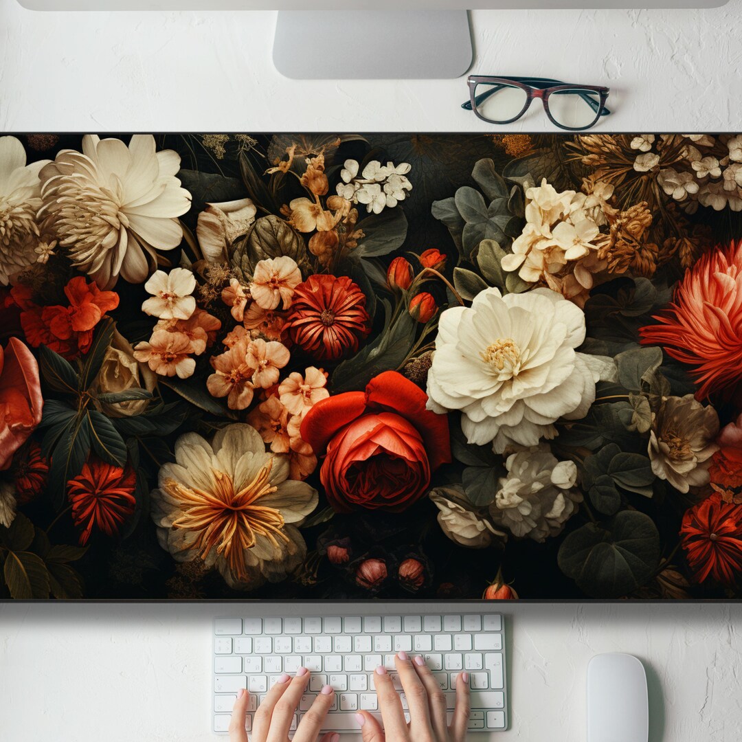 Dark Cottage Core Botanical Flowers Desk Mat Gaming Mouse Pad Large ...