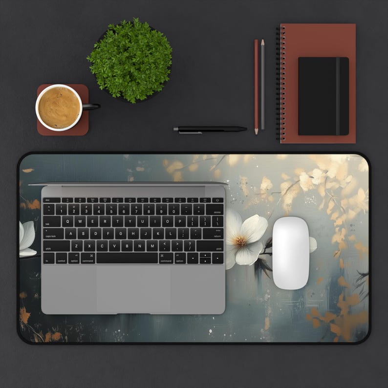 Cream Petals on Gold Mist Desk Mat, Gaming Mouse Pad, Large Mousepad ...