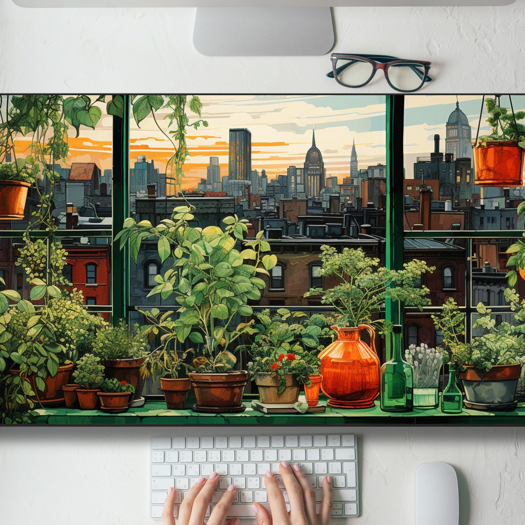 Cool Botanical Window Sill Scene Over Looking City Desk Mat Gaming ...