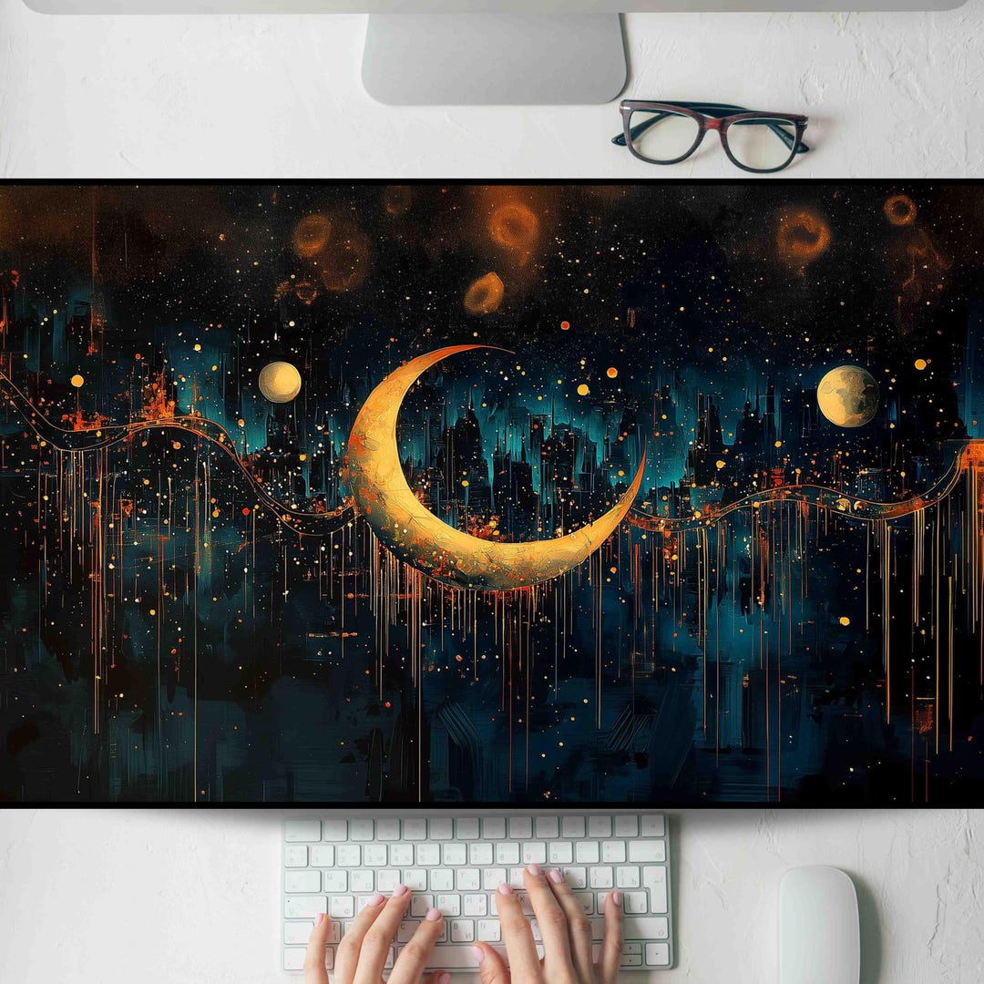 Cosmic Crescent in Gilded Web Desk Mat, Gaming Mouse Pad, Large ...